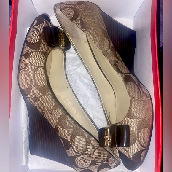 Coach | Shoes | Coach Emma Signature C Peep Toe Khakichestnut Wedges ...